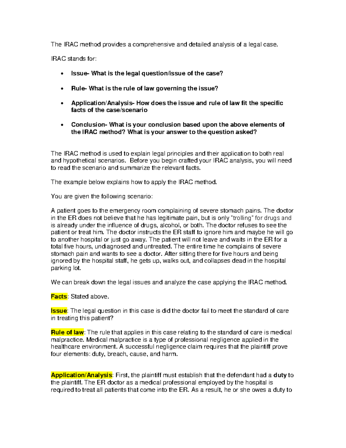 IRAC Method - IRAC stands for: Issue- What is the legal question/issue ...