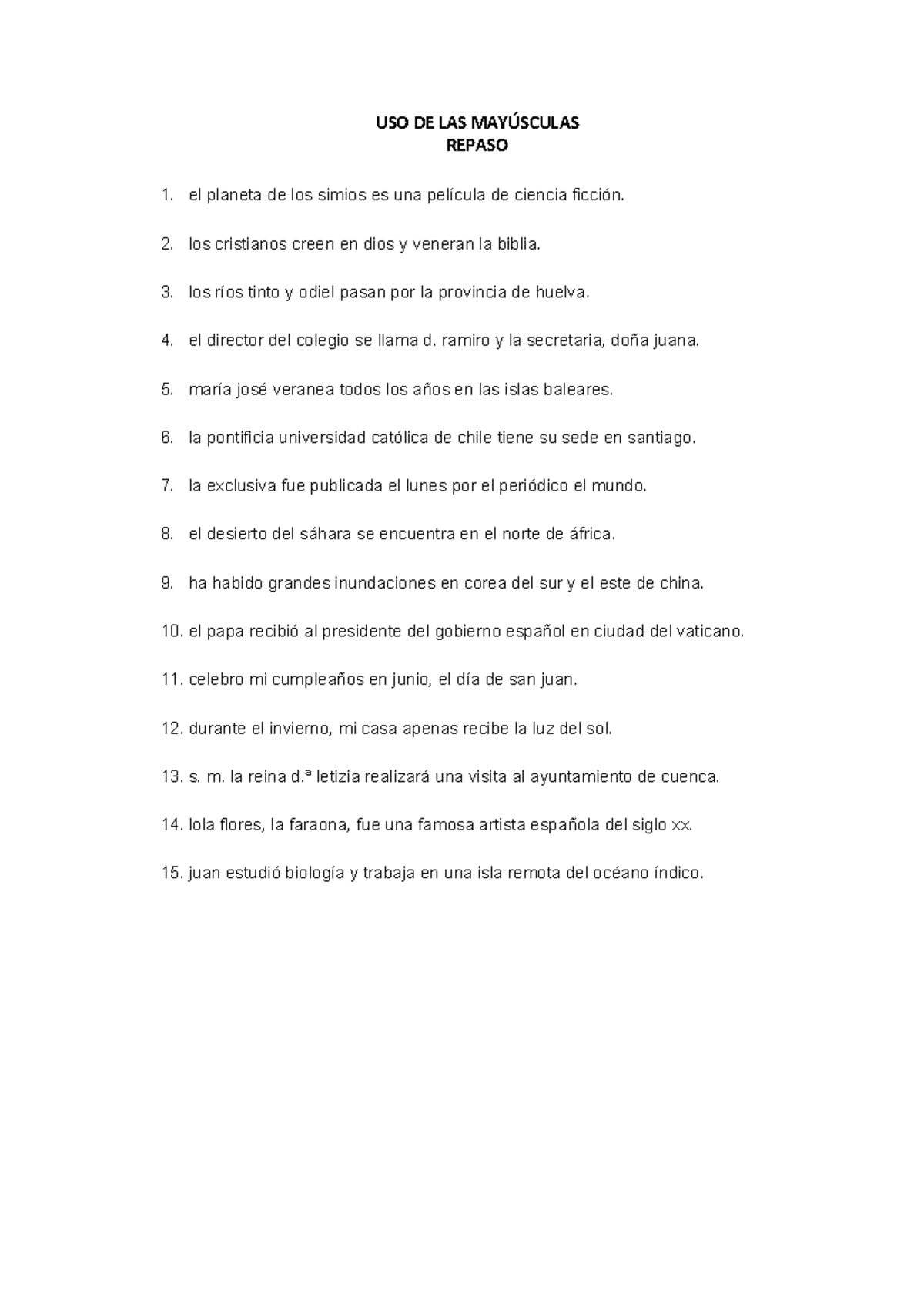 Repaso sobre el Uso de las Mayúsculas - Ejercicio 1 - Studocu