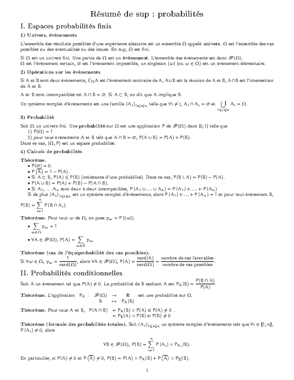 Résumé de cours : Probabilités I - Espaces et Variables Aléatoires ...