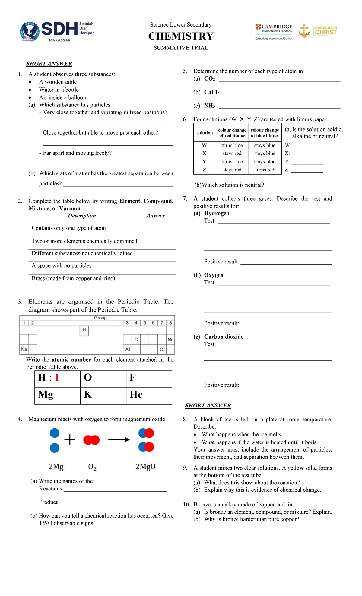 Science Lower Secondary CHEMISTRY SUMMATIVE TRIAL SHORT ANSWER - Studocu