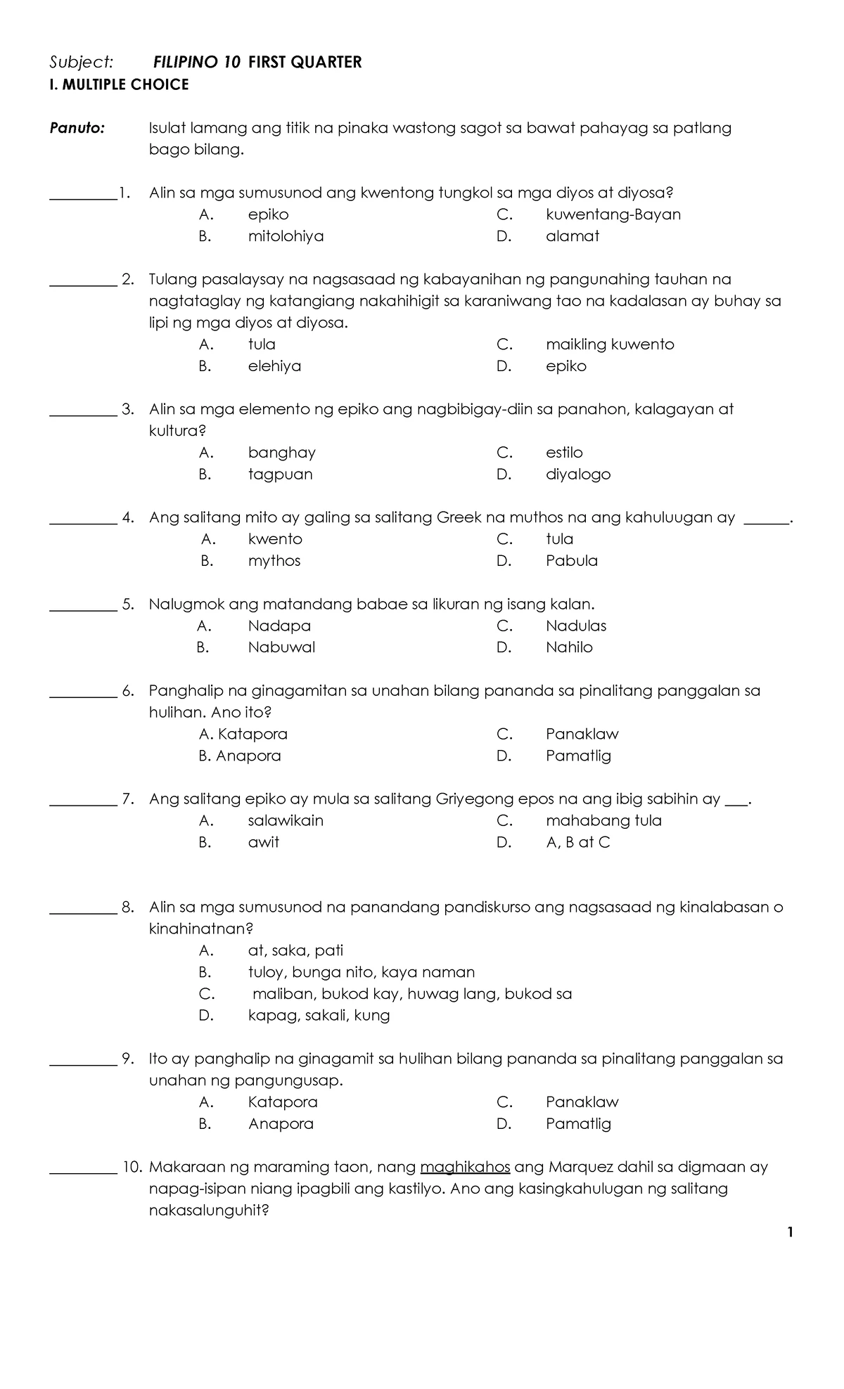 IKATLONG PAGSUSULIT FILIPINO 10: Multiple Choice Questions - Studocu