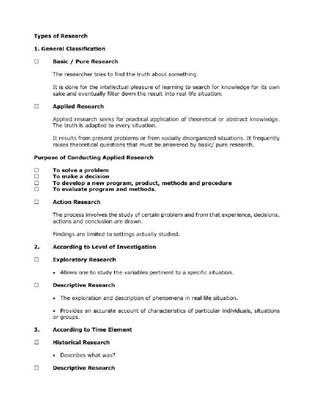 Types of Research: General Classification and Levels of Investigation ...