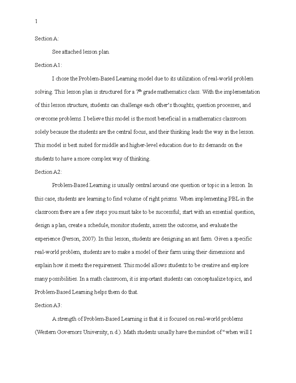 D185 Task 2 - D185 Task 2 - 1 Section A: See attached lesson plan ...
