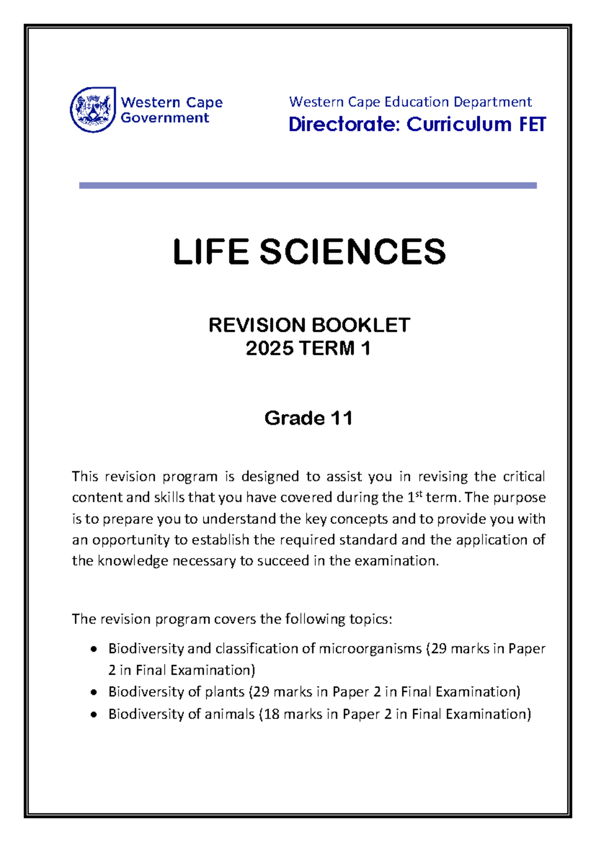 Grade 11 Life Sciences Revision Booklet 2025: Term 1 Overview - Studocu