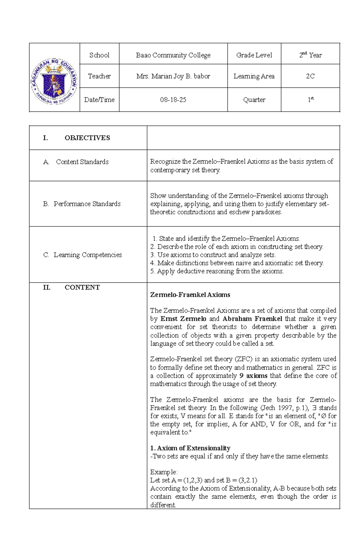 BSE 2C Lesson Plan: Understanding Axioms in Set Theory - Studocu