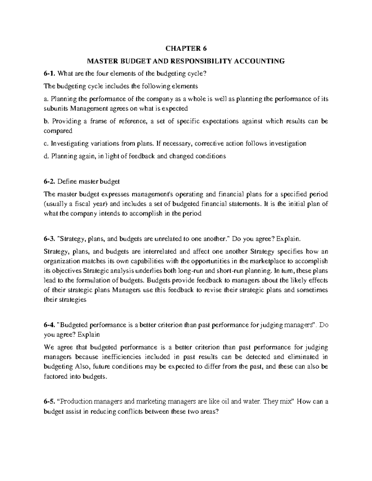 Chapter 06: Master Budget & Responsibility Accounting Insights - Studocu