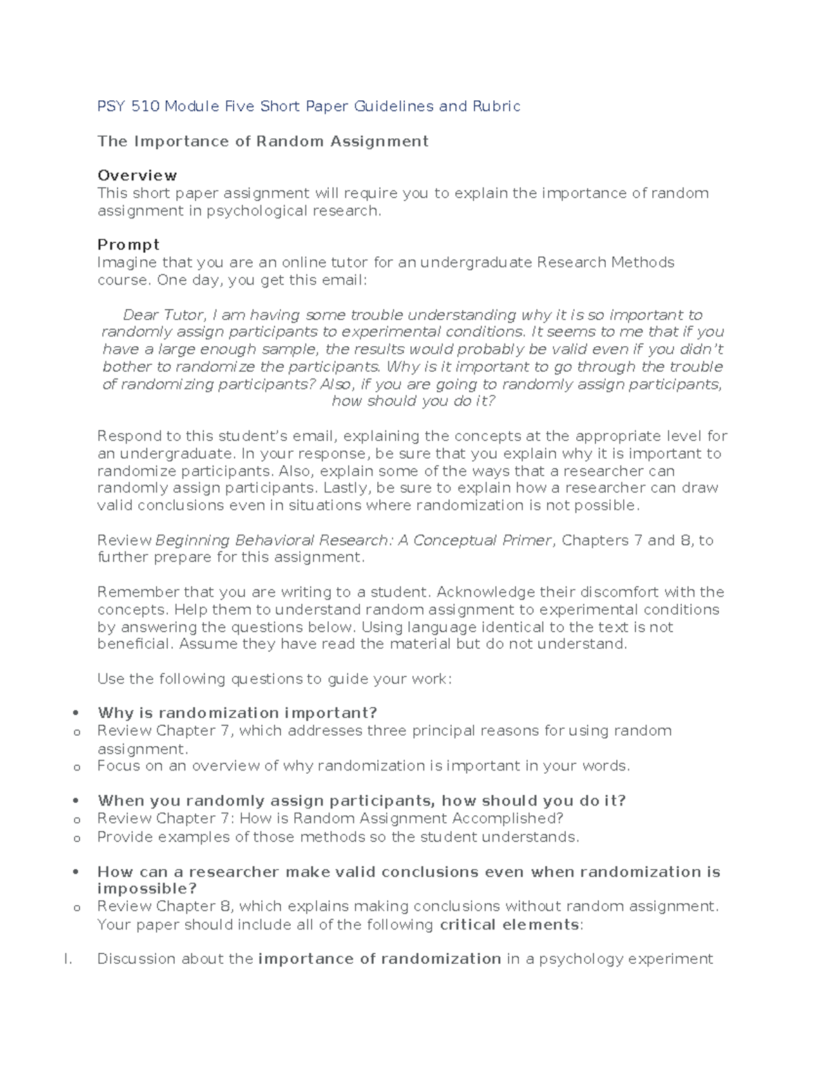 PSY 510 Module 5 Short Paper: Understanding Random Assignment in ...