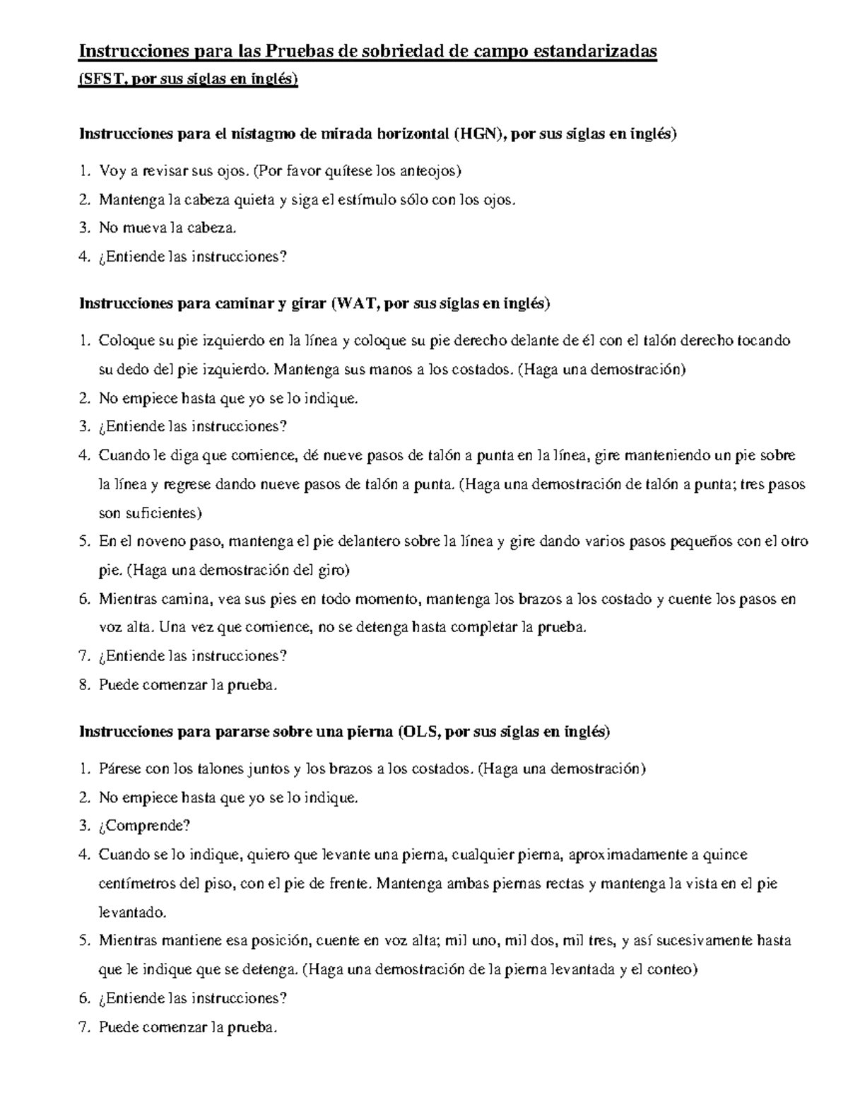 Instrucciones SFST (Pruebas de Sobriedad de Campo) - Español - Studocu