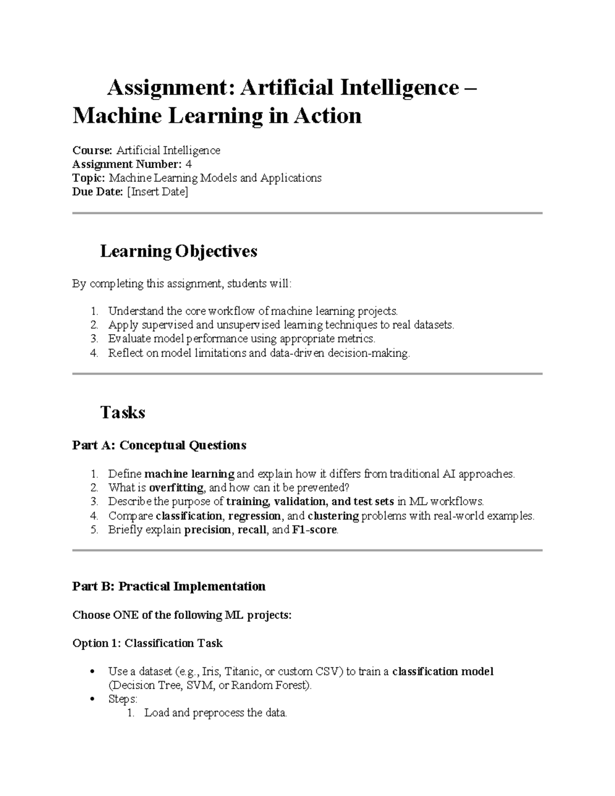 AI 101: Assignment 4 - Machine Learning Models & Applications - Studocu