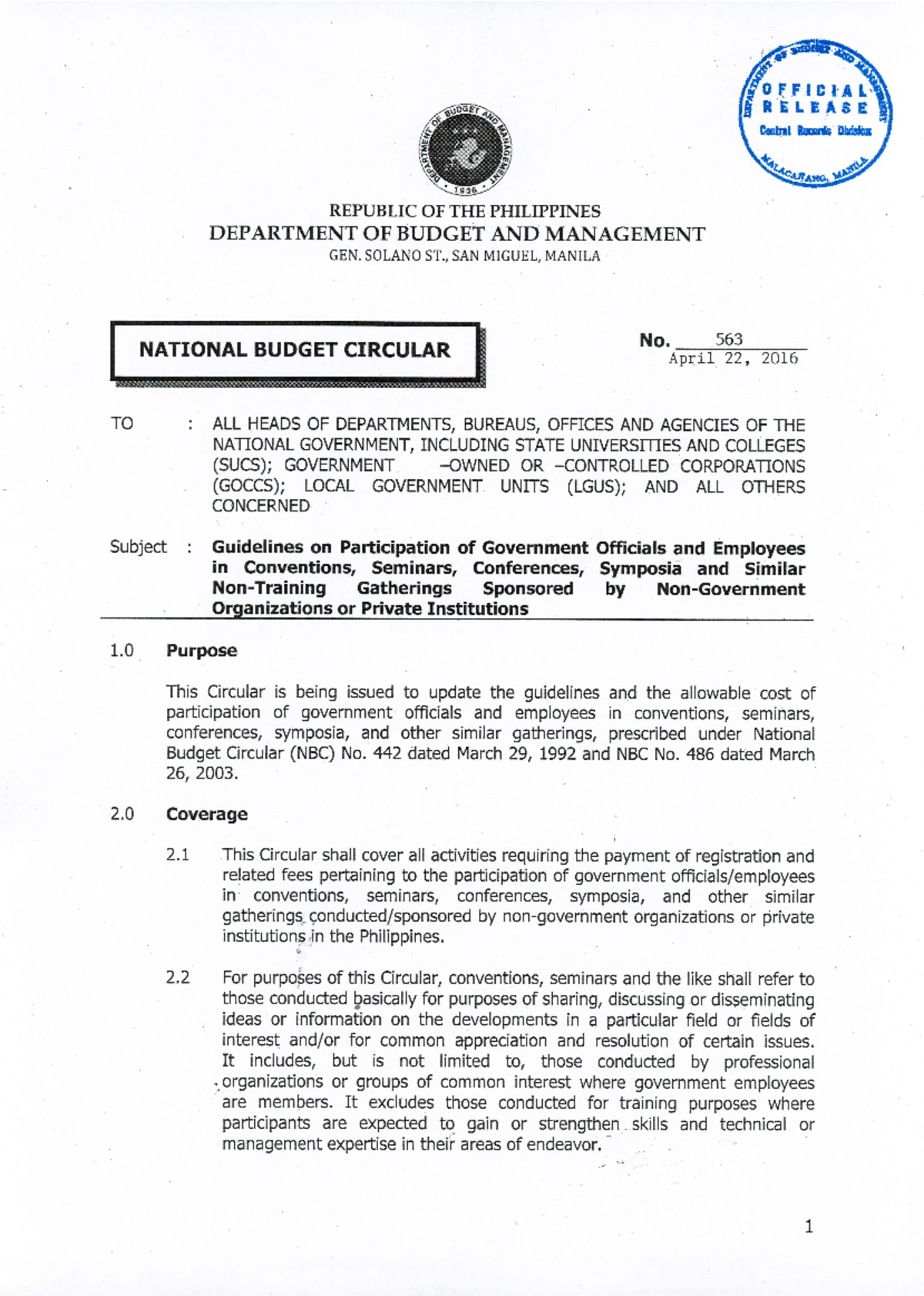 National Budget Circular No. 563: Guidelines for Gov’t Participation ...