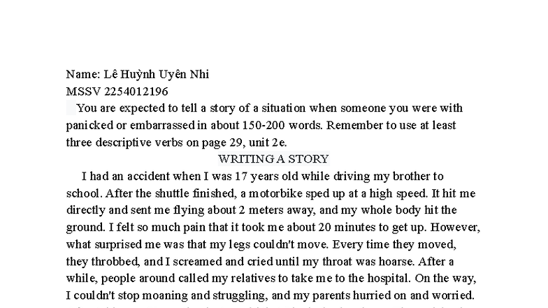 Writing a Story: A Personal Accident Experience - MSSV 2254012196 - Studocu