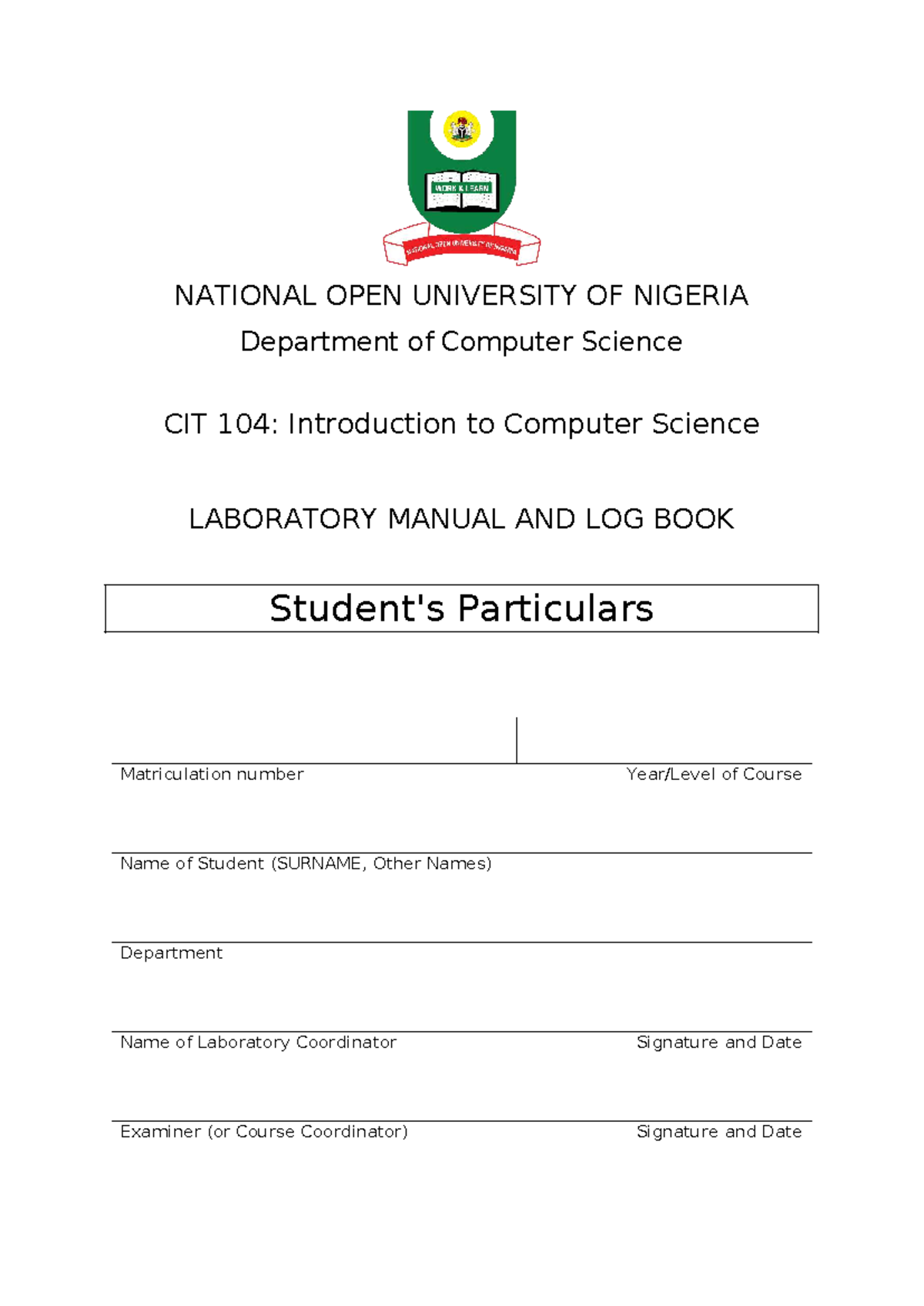 CIT 104: Introduction to Computer Science Lab Manual & Log Book - Studocu