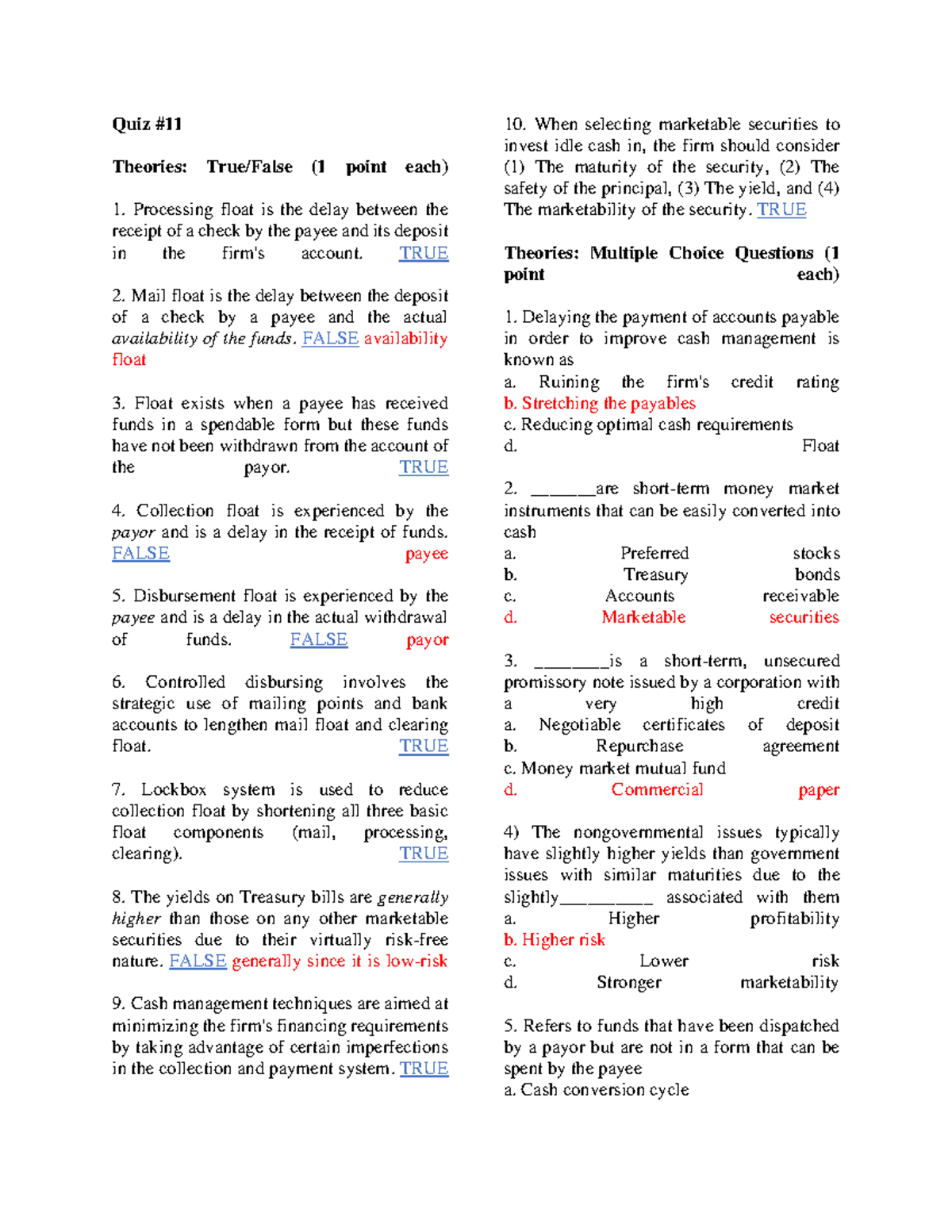 QUIZ #11: Cash Management Theory & Float Analysis Notes - Studocu