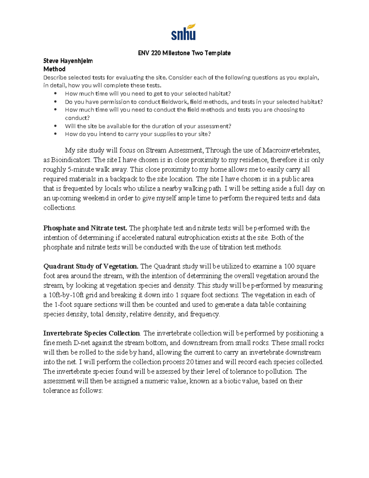 ENV 220 Stream Assessment Project: Milestone Two Overview - Studocu