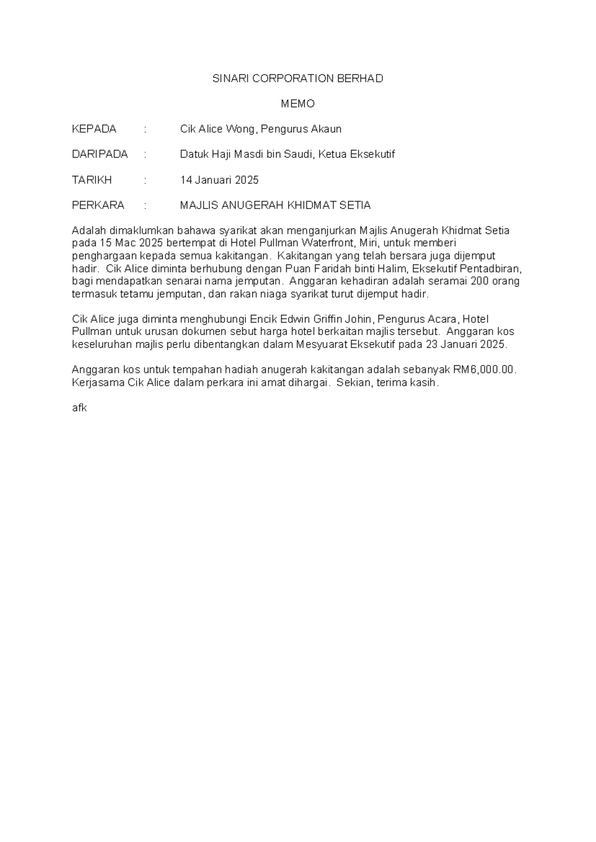 Memorandum OBM200 - SINARI CORPORATION BERHAD MEMO KEPADA : Cik Alice ...