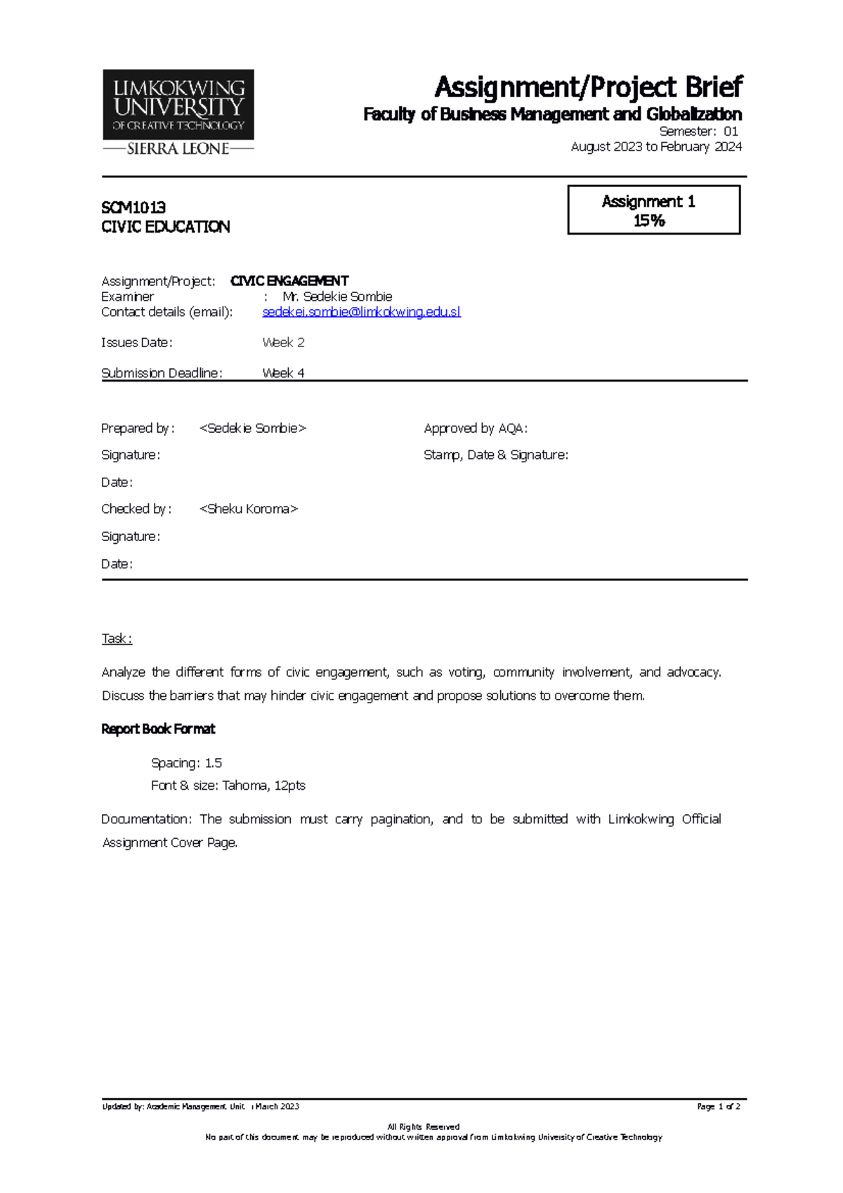 CIVIC ENGAGEMENT Assignment - CIVIC EDUCATION SCM - Semester 01 - Studocu
