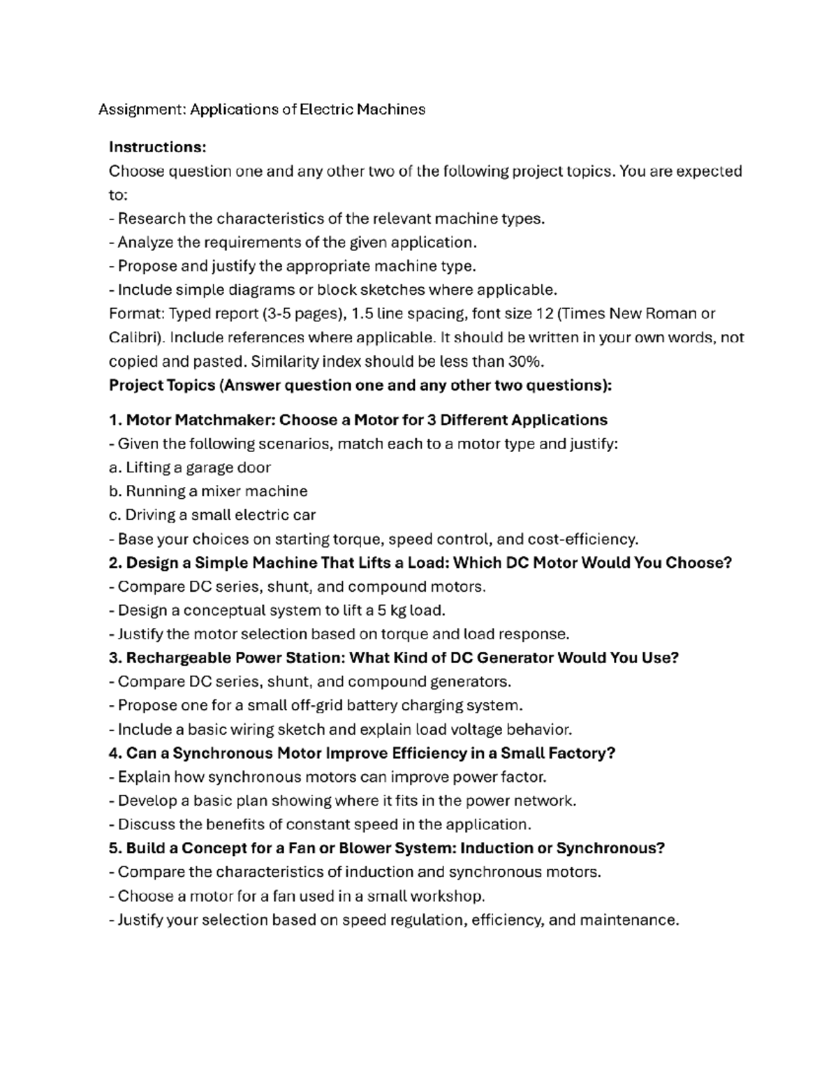 Assignment: Applications of Electric Machines - Project Topics Analysis ...