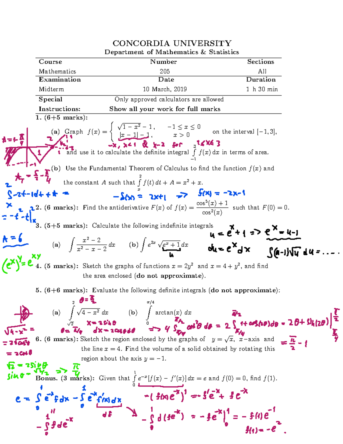 Math 205 - Midterm Exam Instructions & Problem Set - Winter 2019 - Studocu