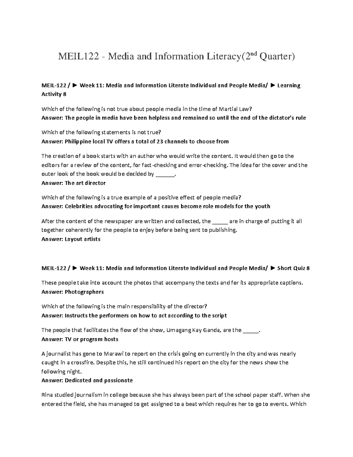 MEIL-122 2nd Quarter Study Notes and Quizzes Overview - Studocu