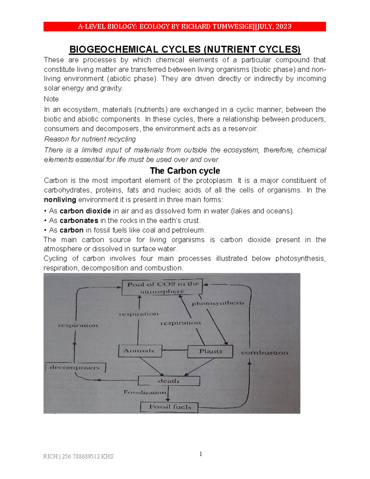 Ecology 2 - To support eaching - BIOGEOCHEMICAL CYCLES (NUTRIENT CYCLES ...