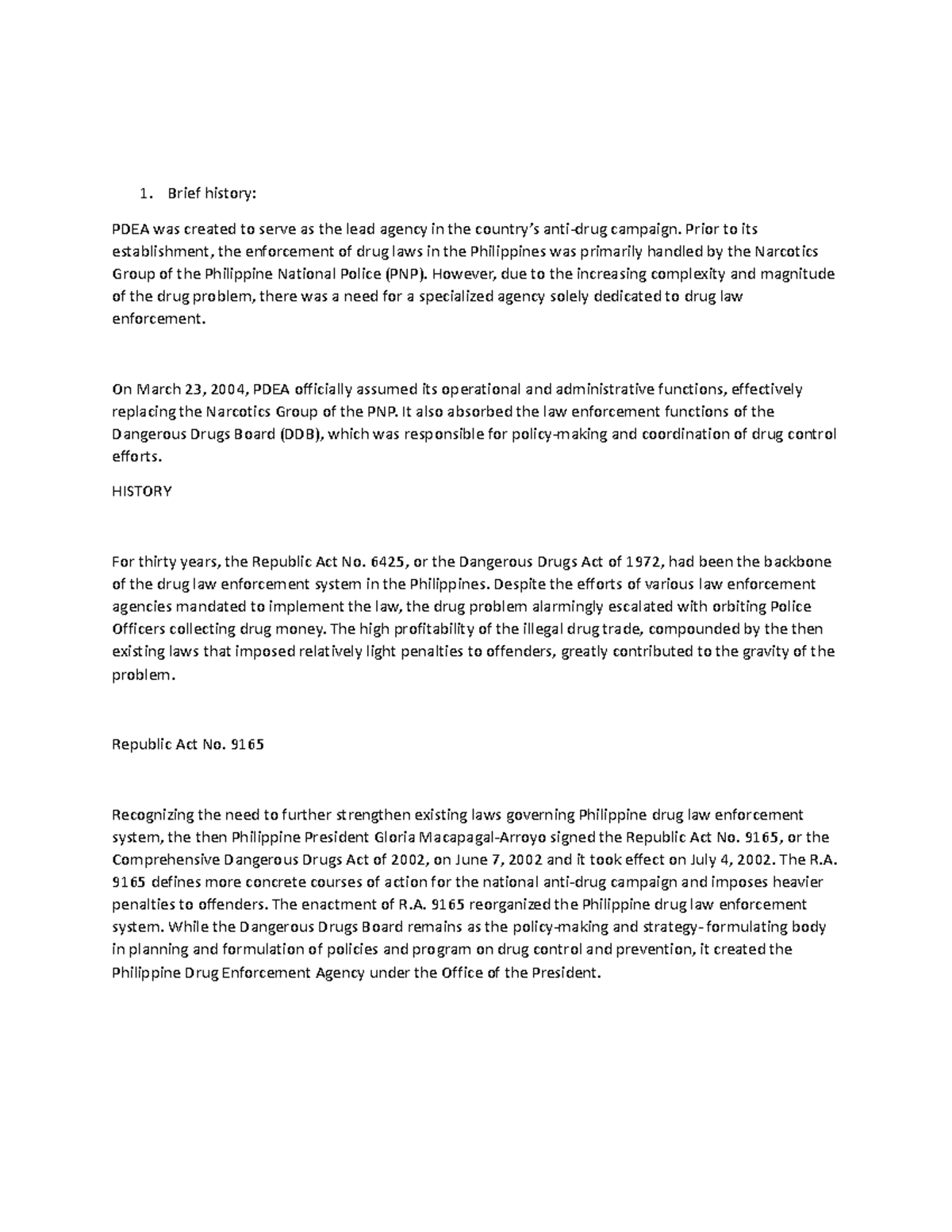 PDEA History and Functions: R.A. 9165 and the Agency’s Role - Studocu