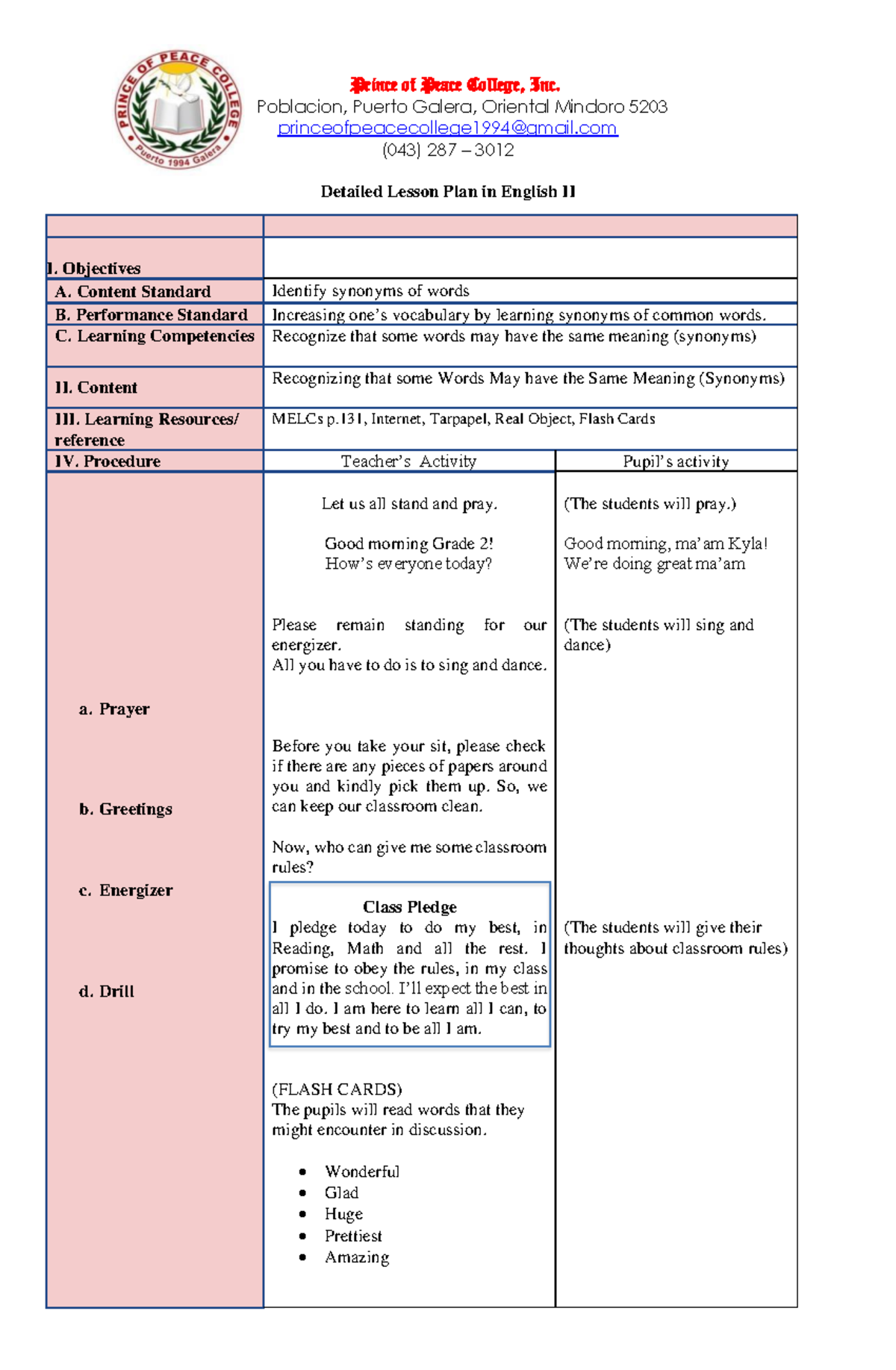 Final DEMO English 2 - Lesson plan in identifying synonyms in a word ...