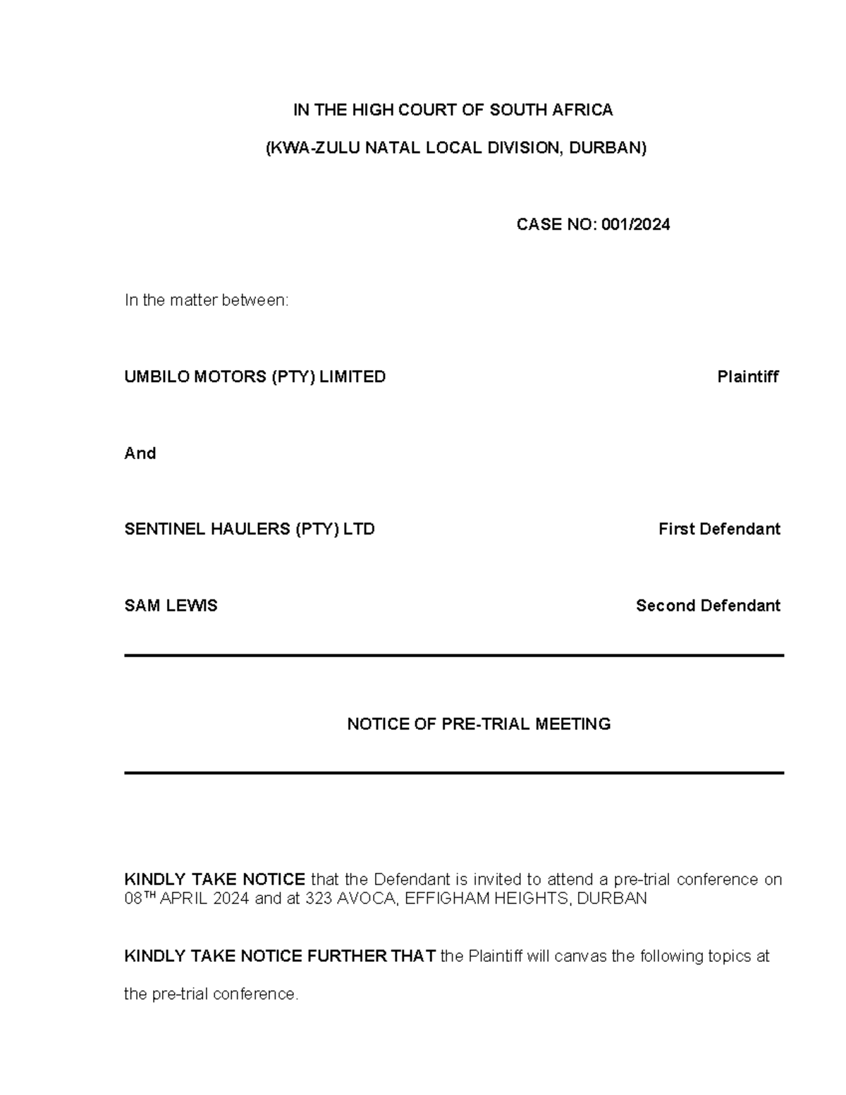 Notice FOR PRE- Trial Meeting - BLUE & Associates INC new - IN THE HIGH ...