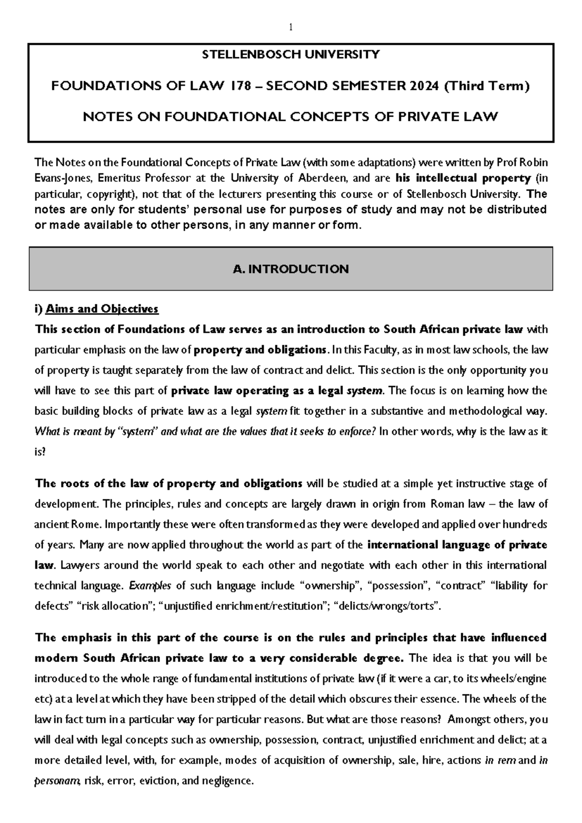 Foundational Concepts of Private Law (LAW178) - Study Notes 2024 - Studocu