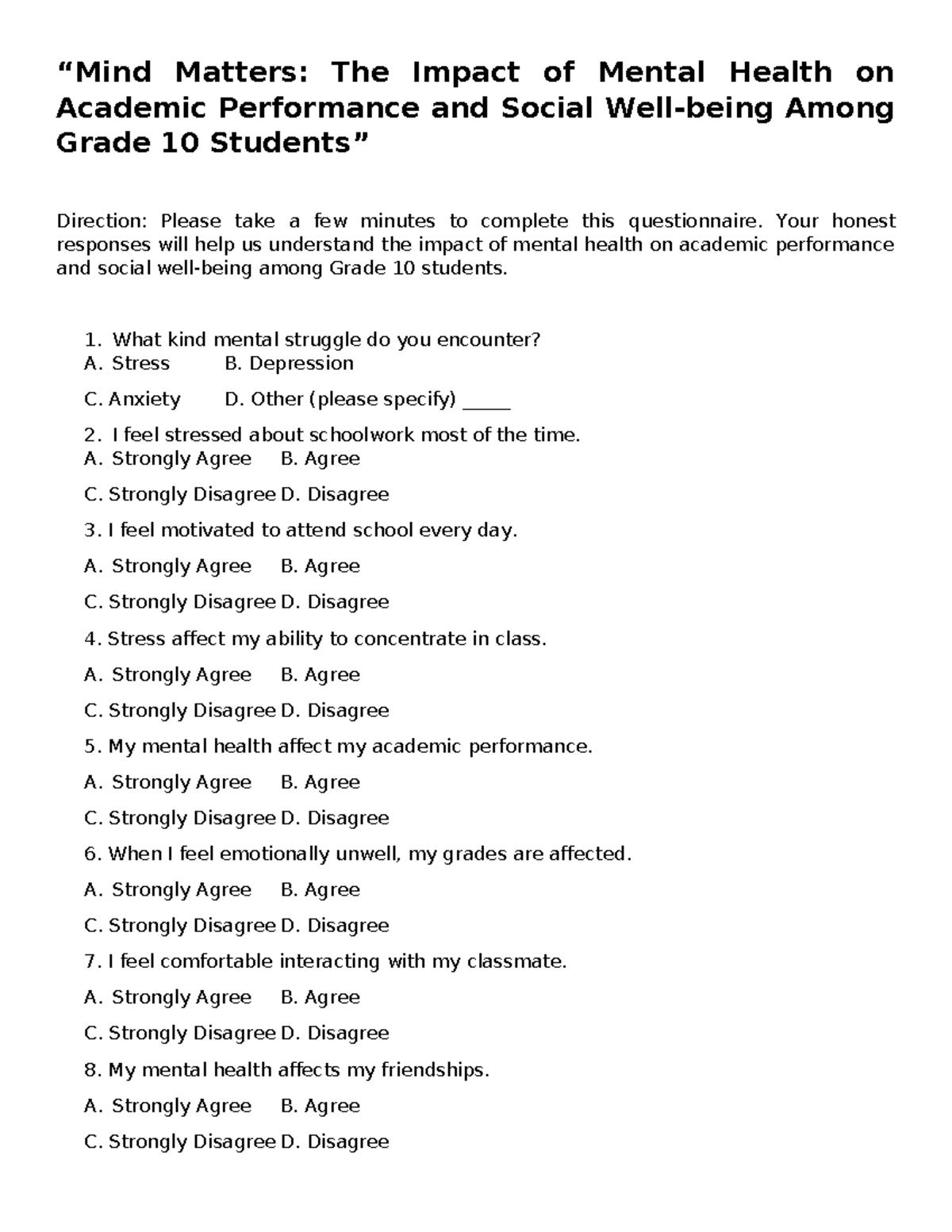 Grade 10 Questionnaire: Mental Health's Impact on Academics & Social ...