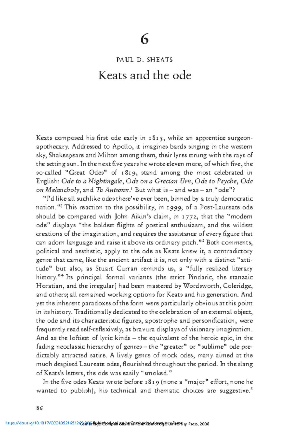 Keats and the Ode: An Analysis of Paul D. Sheats' Insights - Studocu