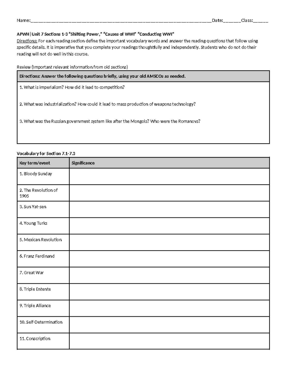 APWH Unit 7 Reading Guide: Shifting Power, Causes & Conduct of WWI ...