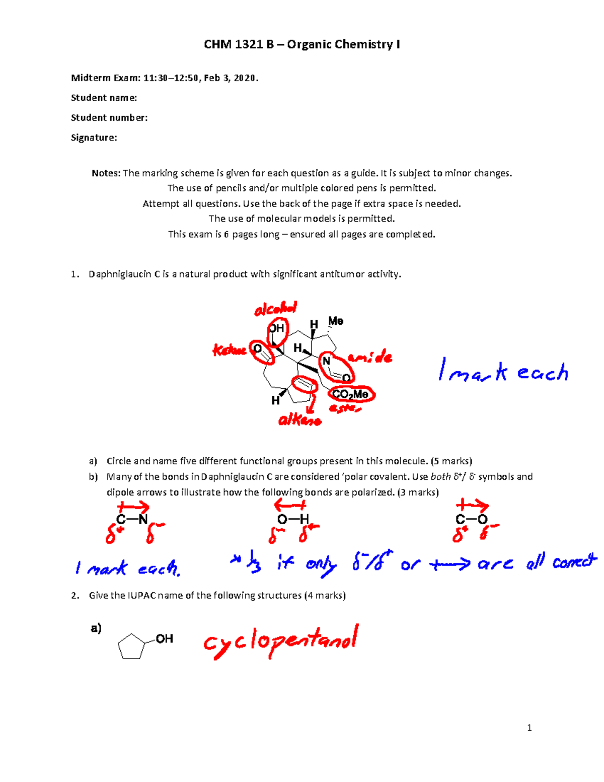 CHM1321 B - Midterm exam 1 answer key - CHM 1321 B Organic Chemistry I ...