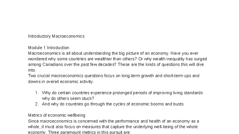 CECN 204 - Intro to Macroeconomics Module 1 Overview and Key Metrics ...