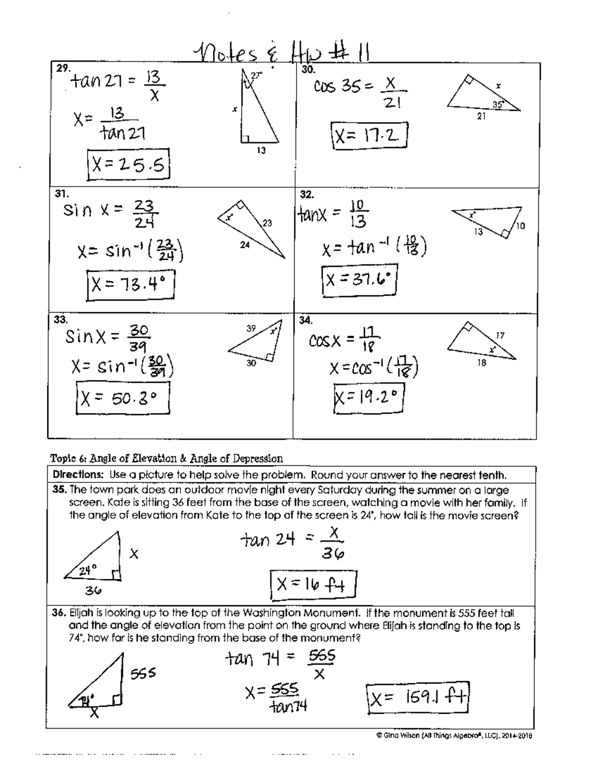 HG Ch 7: Angle of Elevation & Depression Notes and HW #11 - Studocu