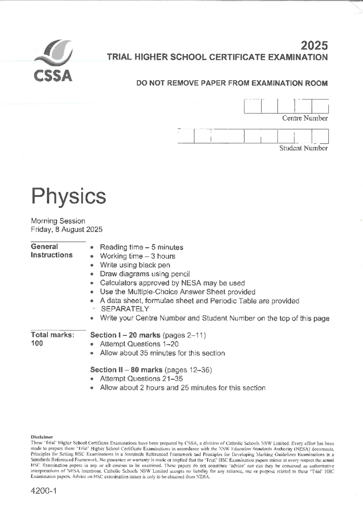 2025 CSSA Physics Trial HSC Examination Paper - Studocu