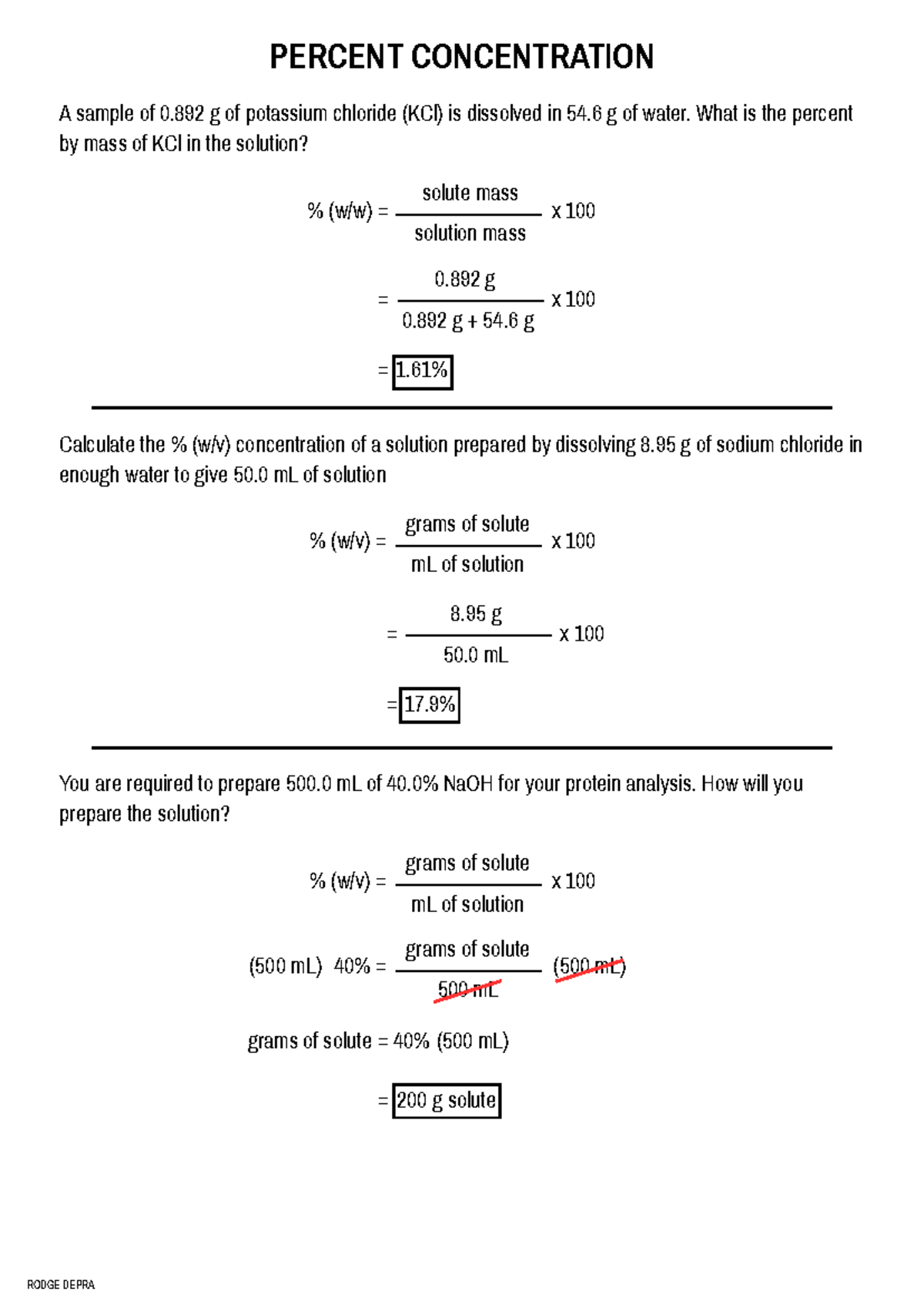 Quantitative Methods to Express Solution Concentration in CHEM 101 ...