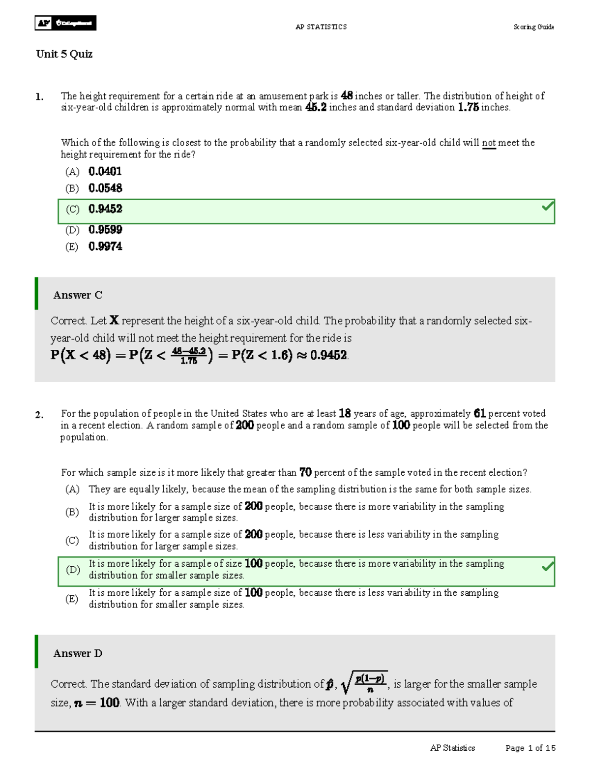 AP STATISTICS Unit 5 Quiz 1 Scoring Guide and Review Answers - Studocu