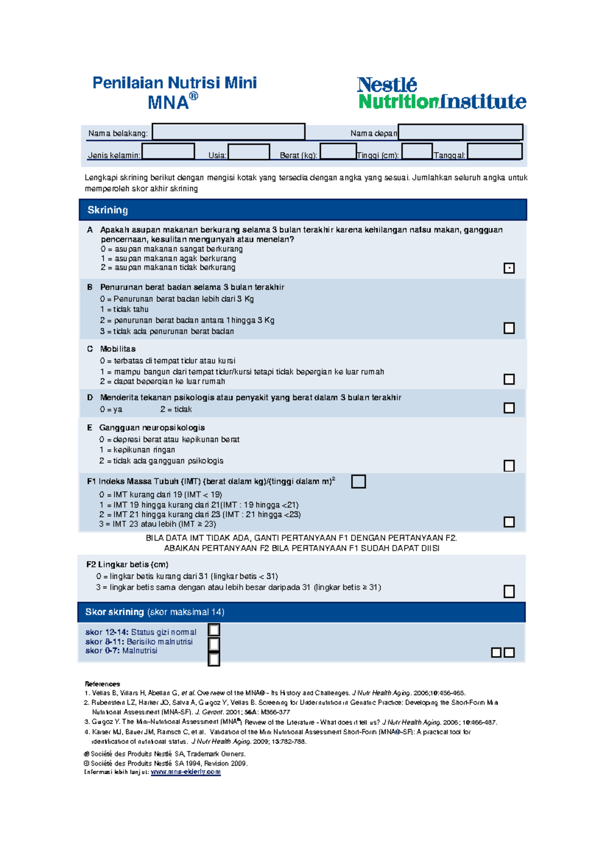 Mini Nutritional Assessment (MNA) Short-Form Evaluation Guide - Studocu