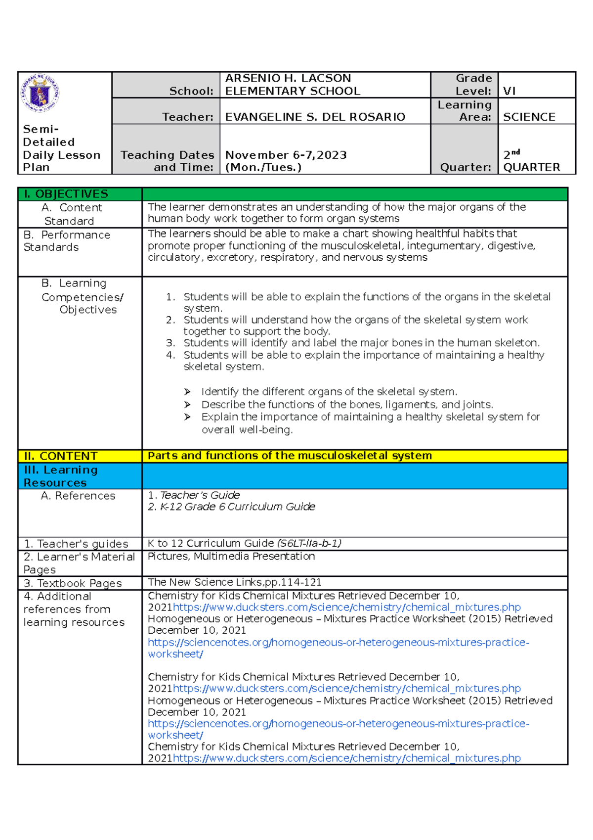 Q2 Science 6 Detailed Lesson Plan on the Skeletal System - Studocu
