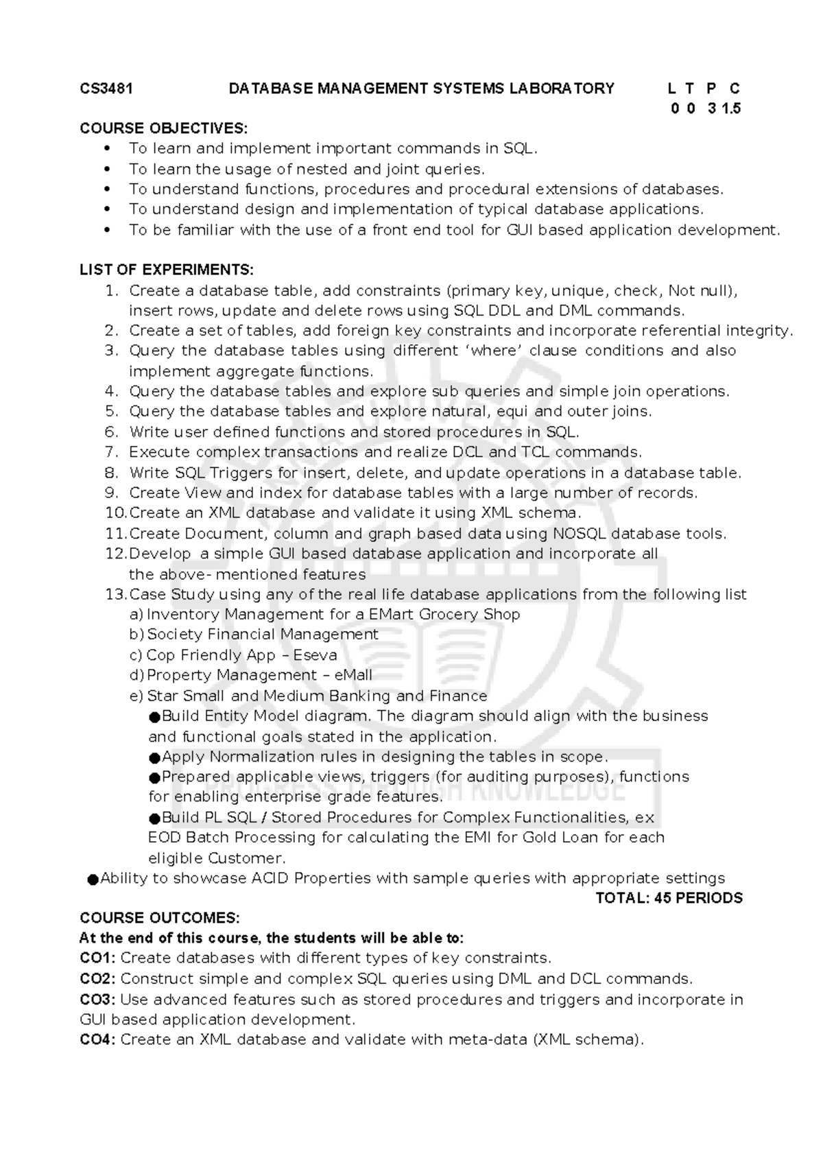 CS3481 Database Management Systems Lab Syllabus and Objectives - Studocu