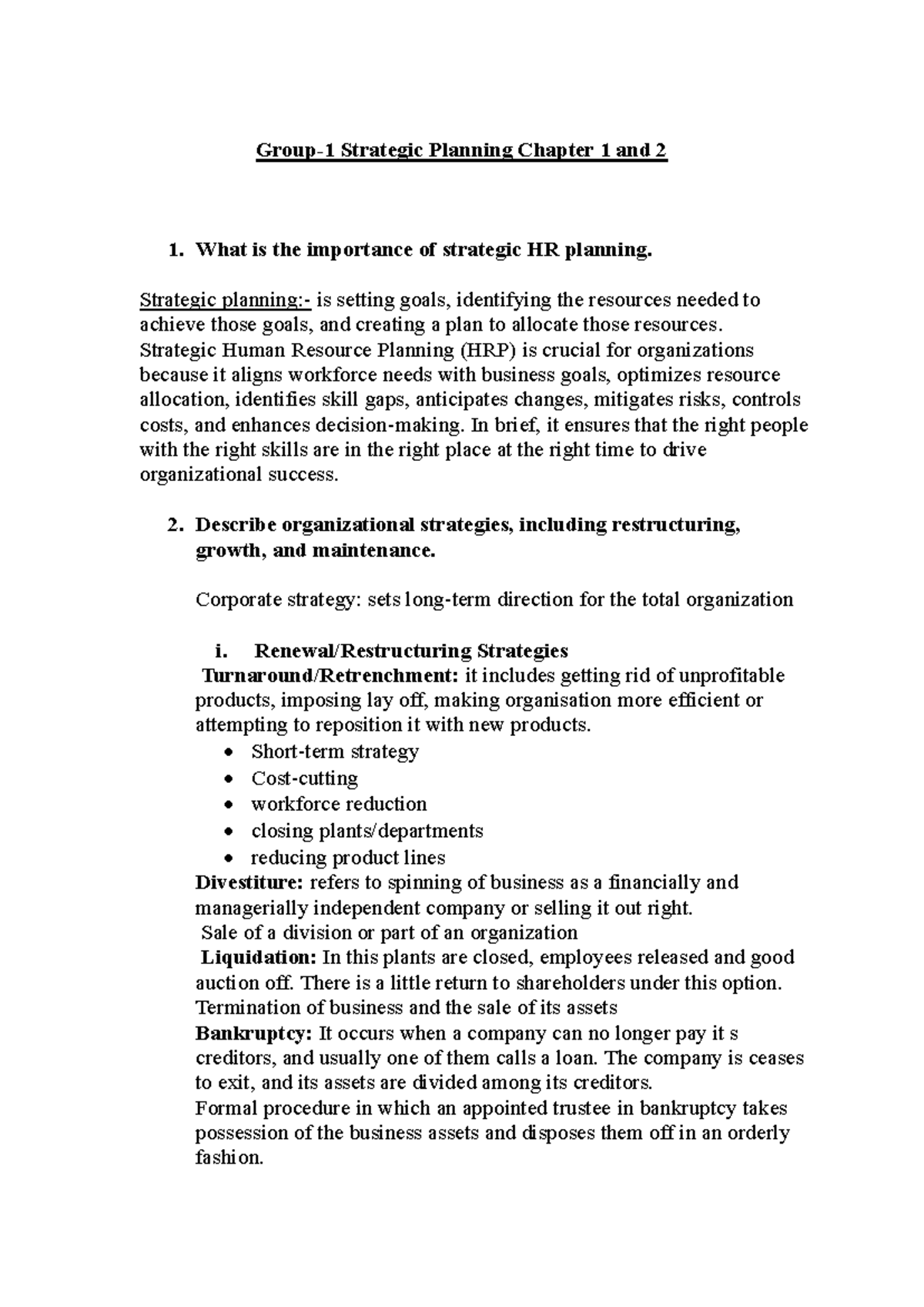 HRP Group 1 Ch 1 & 2 - Summary on Strategic HR Planning & Org ...