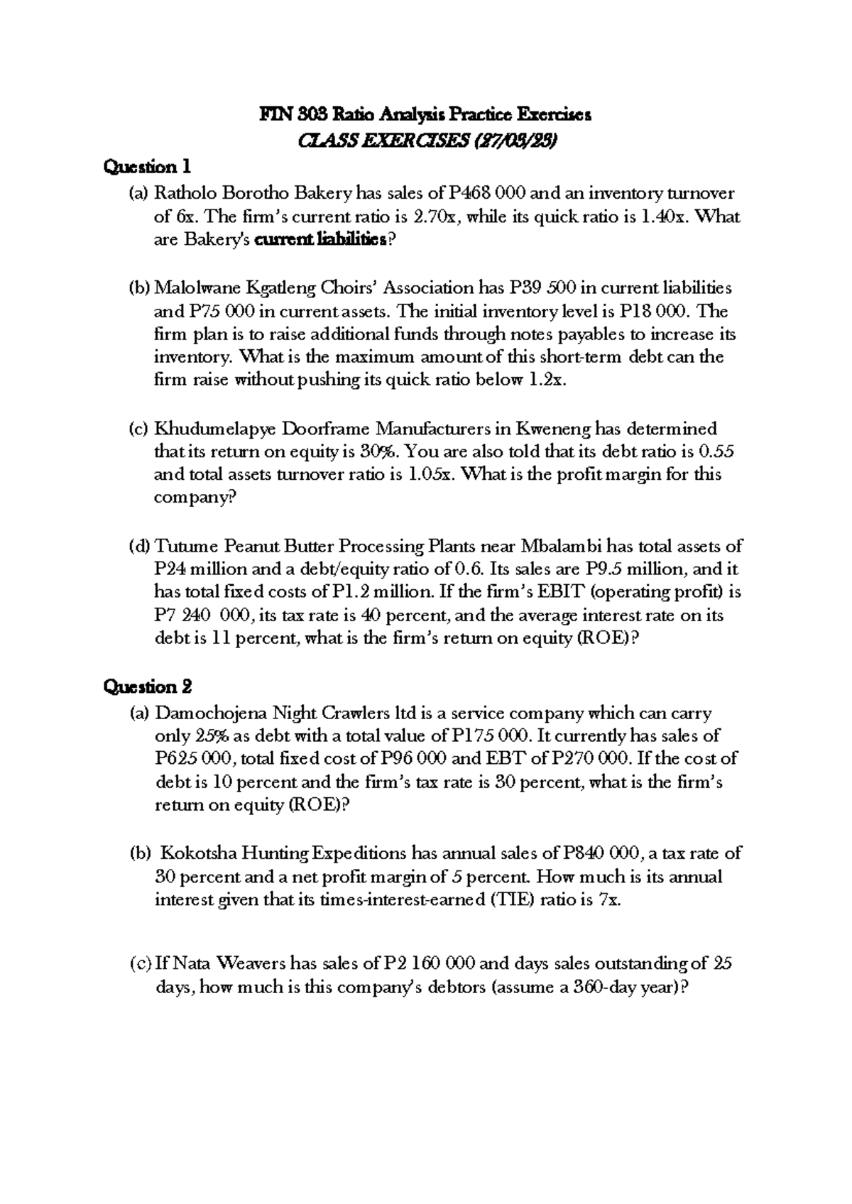 FIN 303 Ratio Analysis Class Practice Exercises - Handout 2023 - Studocu