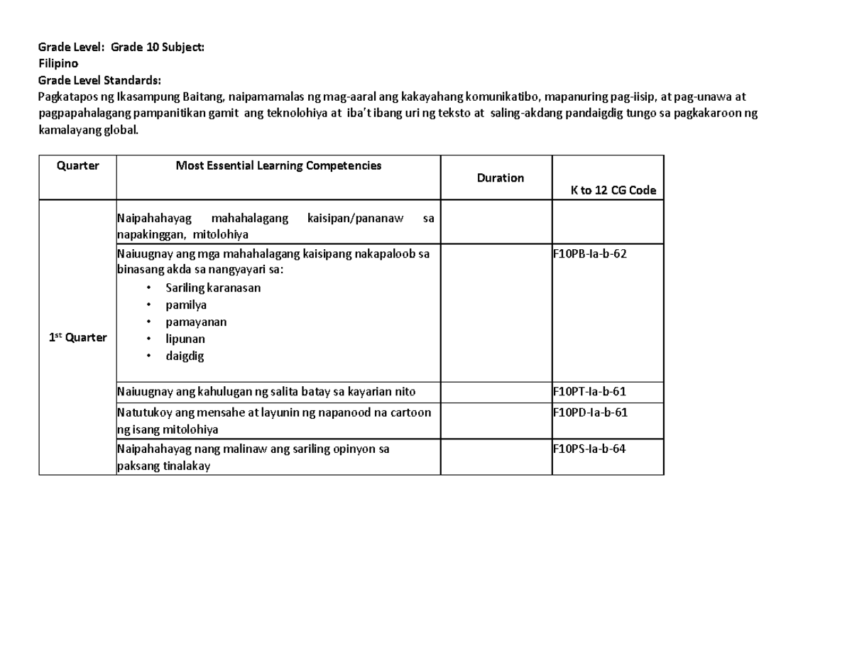 Filipino-10 Melcs - Lecture notes 1 - Grade Level: Grade 10 Subject ...