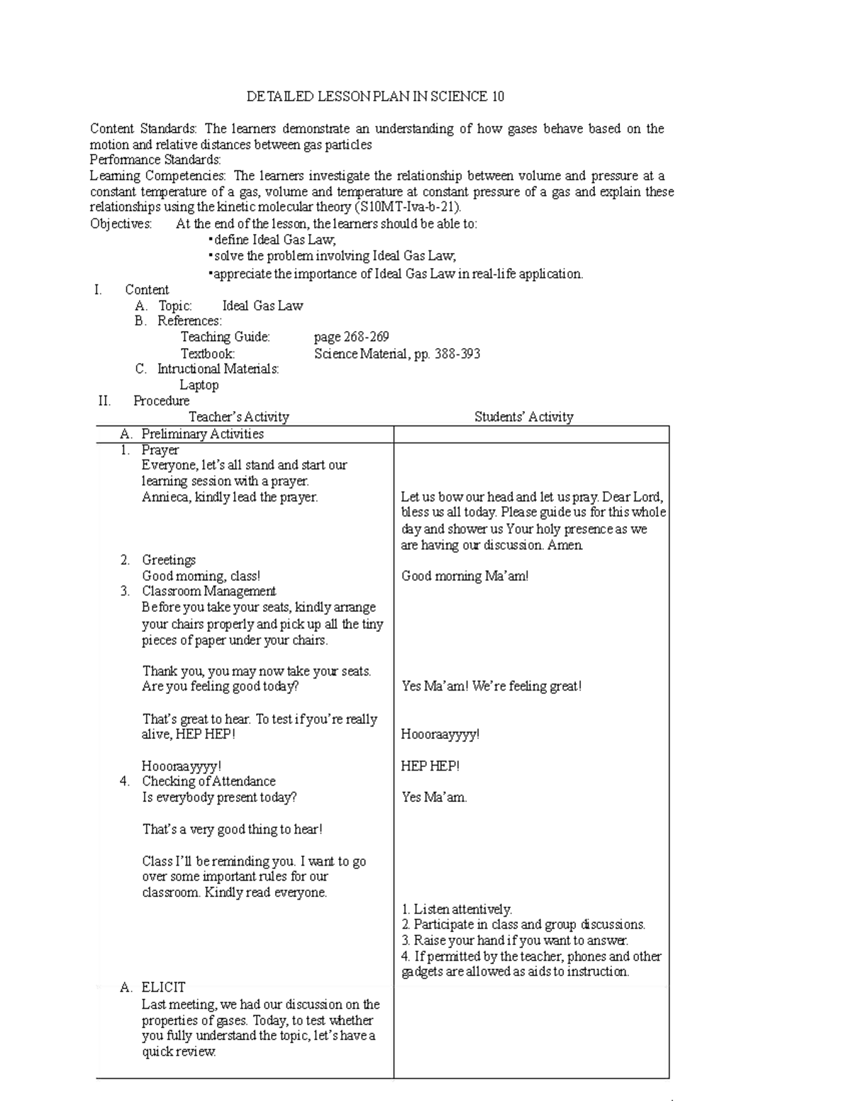 SCI 10: Detailed Lesson Plan on Ideal Gas Law and Its Applications ...