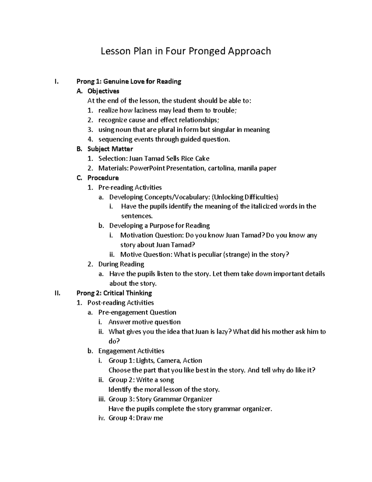 427929763 Comprehensive Lesson Plan: Four Pronged Approach - Studocu