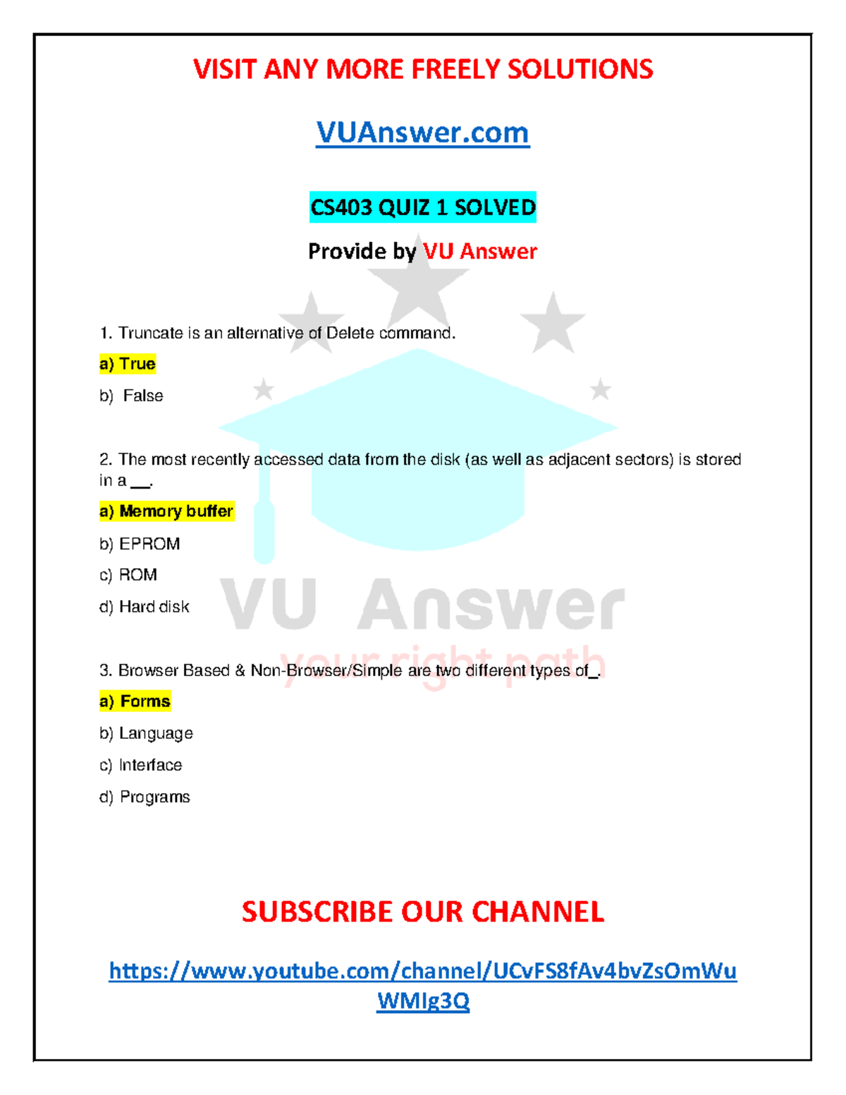 CS403 Quiz 1 fall 2022 Solved by VU Answer - VUAnswer SUBSCRIBE OUR CHANNEL - Studocu