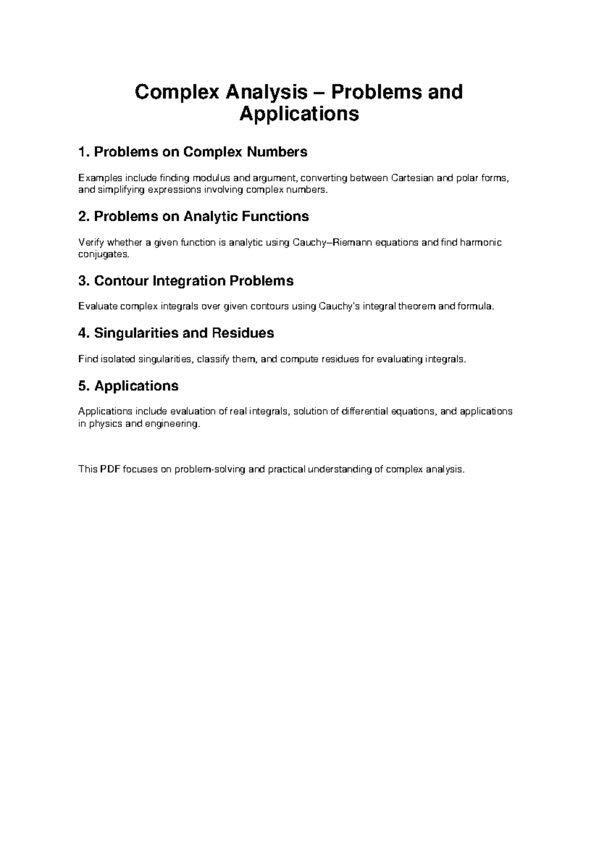Complex Analysis (MATH 301) Problems & Applications Guide - Studocu