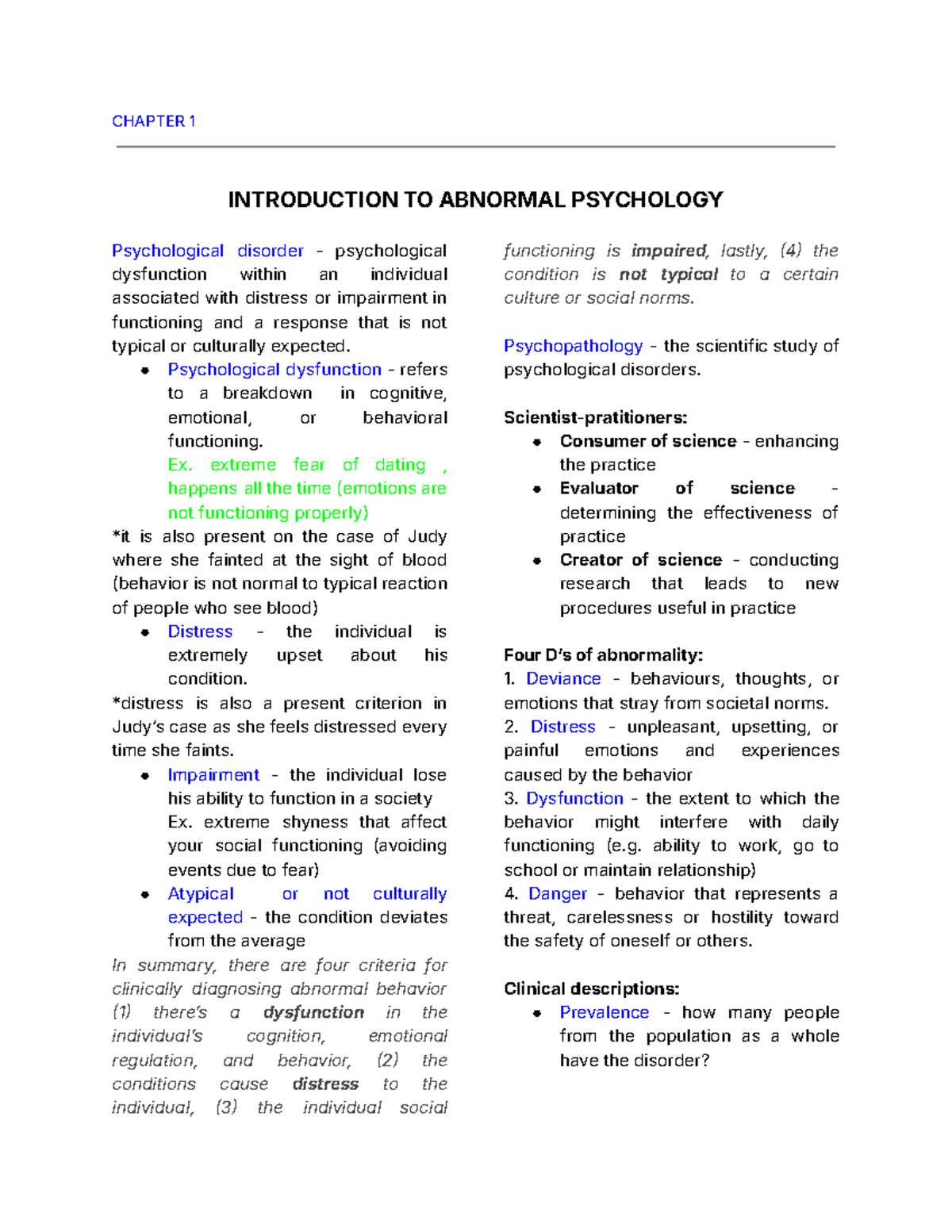AB PSY 101 Midterm Notes: Introduction to Abnormal Psychology - Studocu