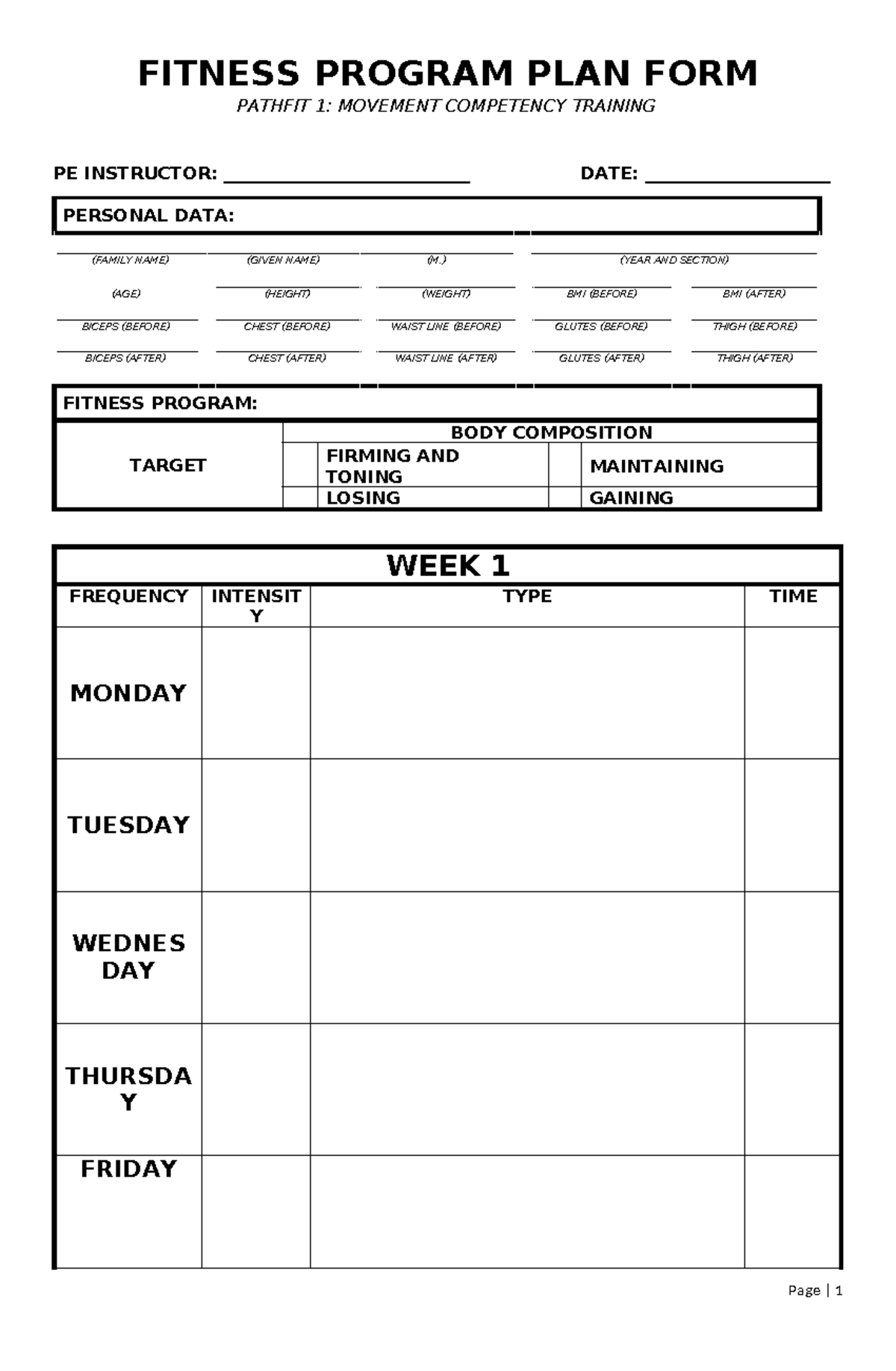 Pathfit 1: Fitness Program Plan Form for Movement Competency - Studocu
