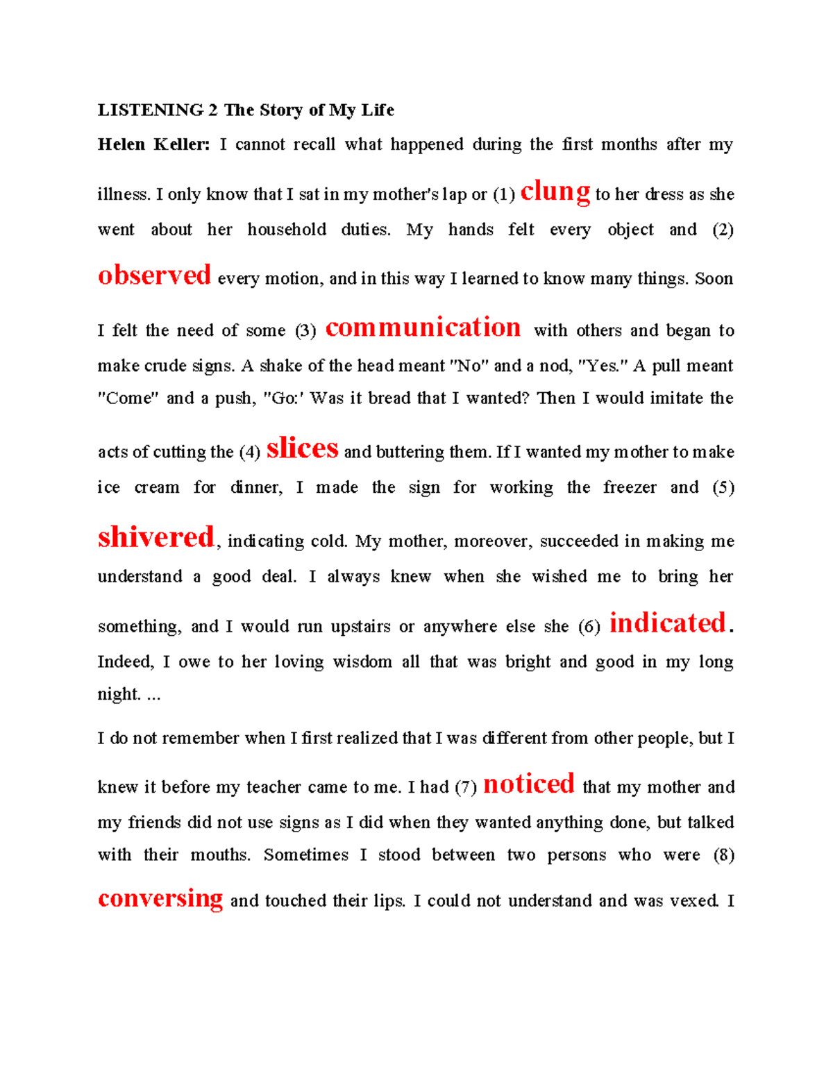 Listening 2: Key Insights from "The Story of My Life" by Helen Keller ...